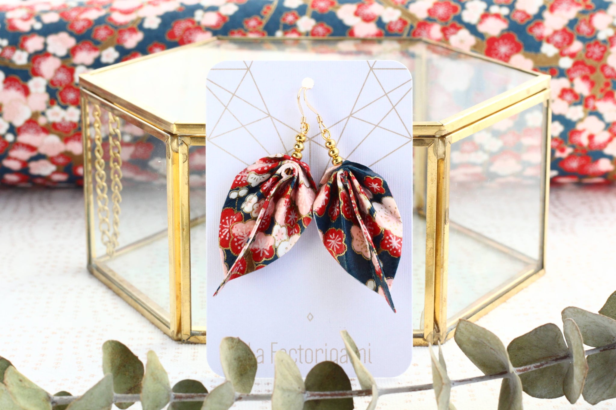 Ume Leaf Earrings - indigo blue & red – La Factorigami